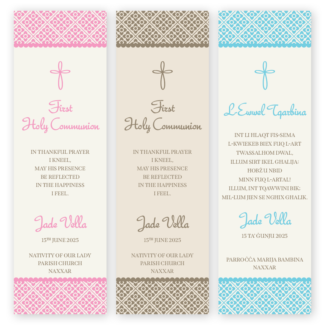 Bookmarks Personalized - First Holy Communion - Damask Tiles — Bow & Ribbon